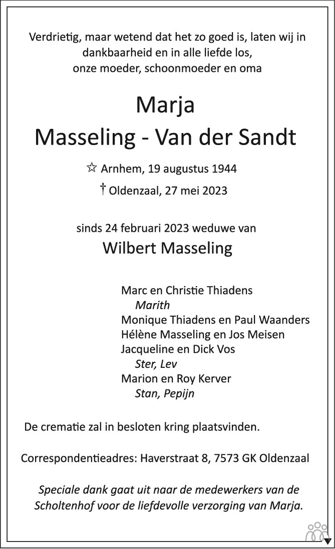 Marja Masseling-van der Sandt 27-05-2023 overlijdensbericht en ...