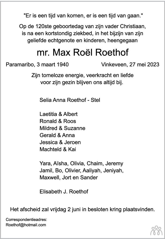 Max Roël Roethof 27-05-2023 overlijdensbericht en condoleances ...