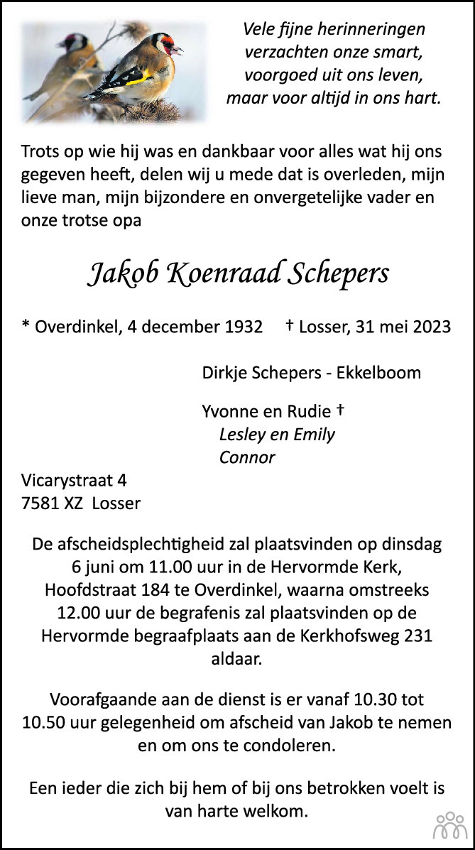 Jakob Koenraad Schepers 31-05-2023 overlijdensbericht en condoleances - Mensenlinq.nl
