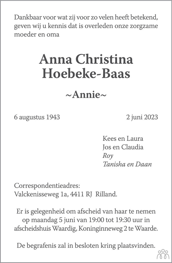 Anna Christina (Annie) Hoebeke-Baas 02-06-2023 overlijdensbericht en condoleances - Mensenlinq.nl