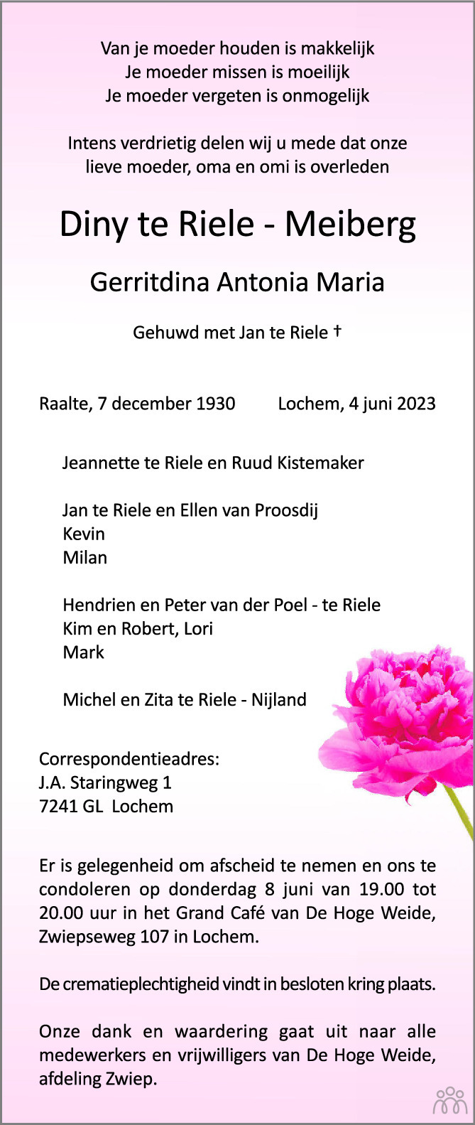 Diny (Gerritdina Antonia Maria) te Riele-Meiberg 04-06-2023 ...