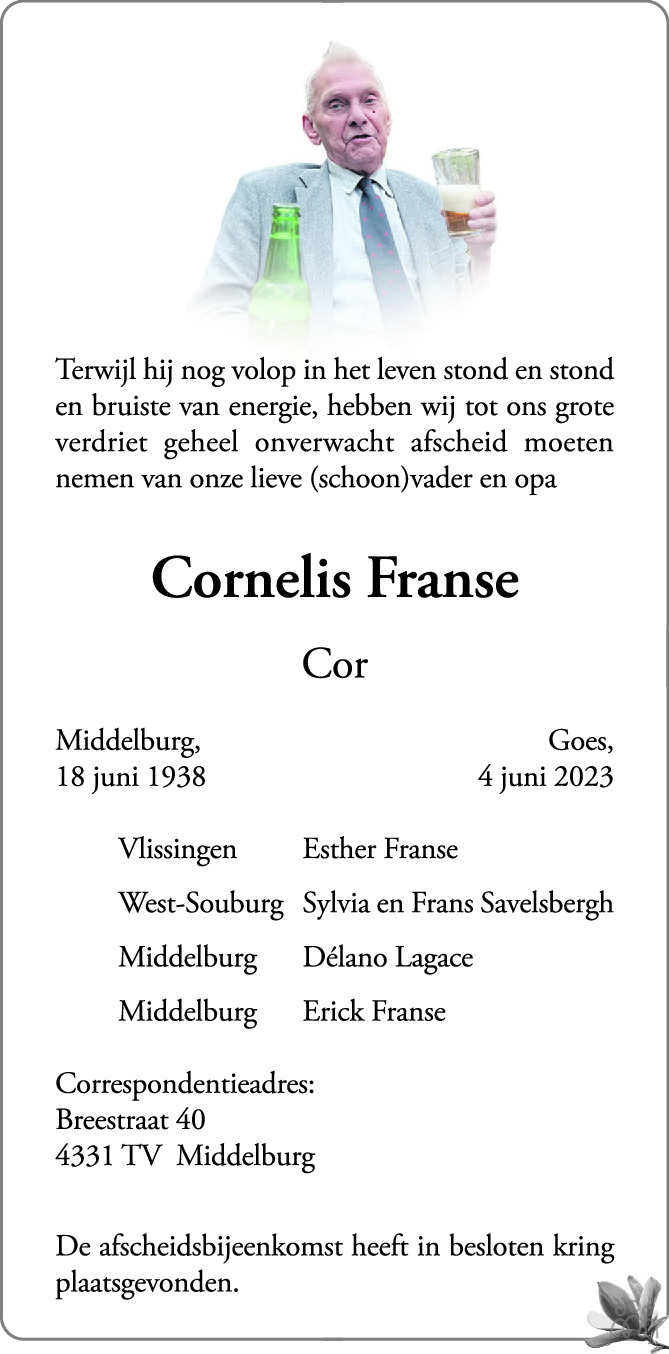 Cor Franse 04-06-2023 overlijdensbericht en condoleances - Mensenlinq.nl