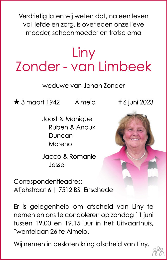 Liny Zonder-van Limbeek 06-06-2023 overlijdensbericht en condoleances ...