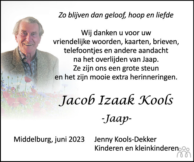 Jacob Izaak (Jaap) Kools 15-04-2023 overlijdensbericht en condoleances ...