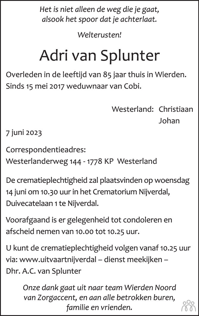 Adri van Splunter 07-06-2023 overlijdensbericht en condoleances ...
