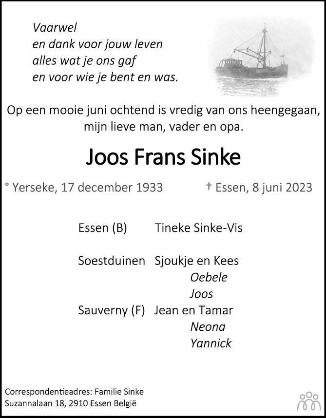 Joos Frans Sinke 08-06-2023 overlijdensbericht en condoleances ...