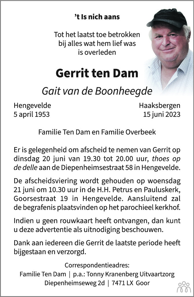 Gerrit ten Dam 15-06-2023 overlijdensbericht en condoleances - Mensenlinq.nl