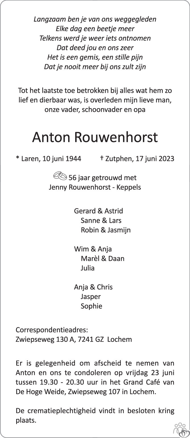 Anton Rouwenhorst 17-06-2023 overlijdensbericht en condoleances ...