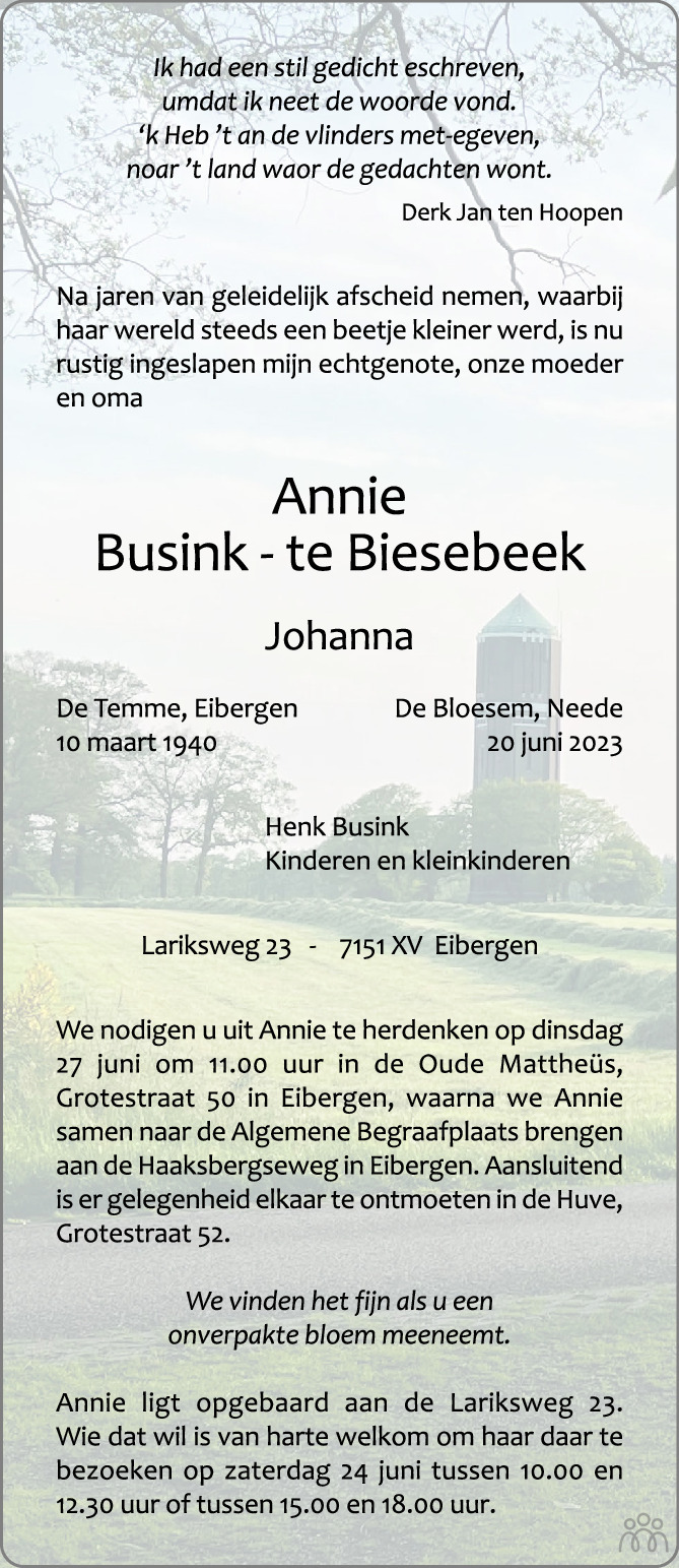 Annie (Johanna) Busink-te Biesebeek 20-06-2023 overlijdensbericht en ...