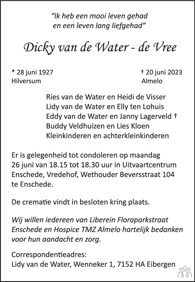 Dicky van de Water-de Vree 20-06-2023 overlijdensbericht en ...