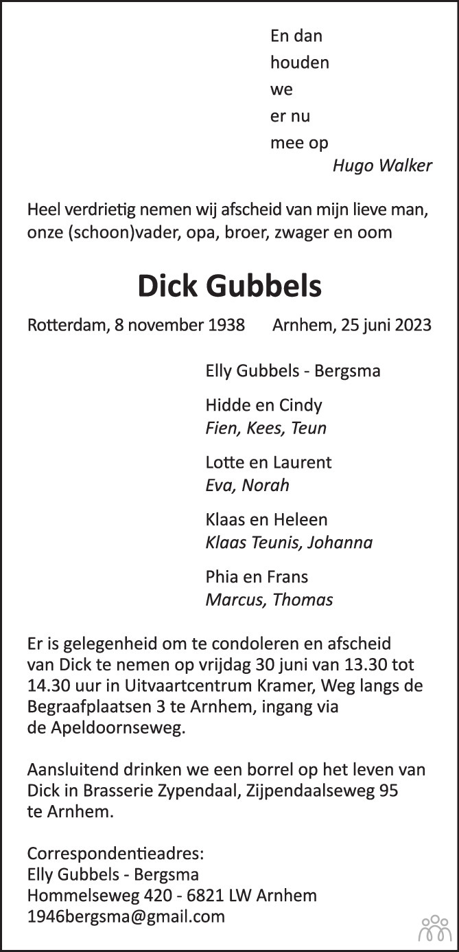 Dick Gubbels 25-06-2023 overlijdensbericht en condoleances - Mensenlinq.nl