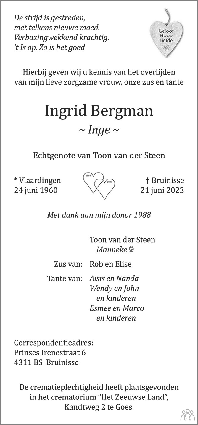 Inge (Ingrid) Bergman 21-06-2023 overlijdensbericht en condoleances ...