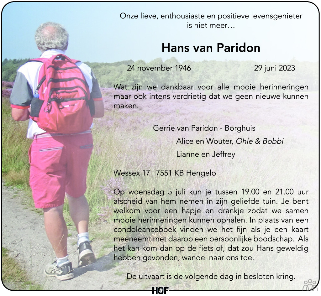 Hans van Paridon 29-06-2023 overlijdensbericht en condoleances ...