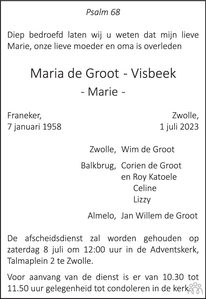 Marie de Groot -Visbeek 01-07-2023 overlijdensbericht en condoleances ...