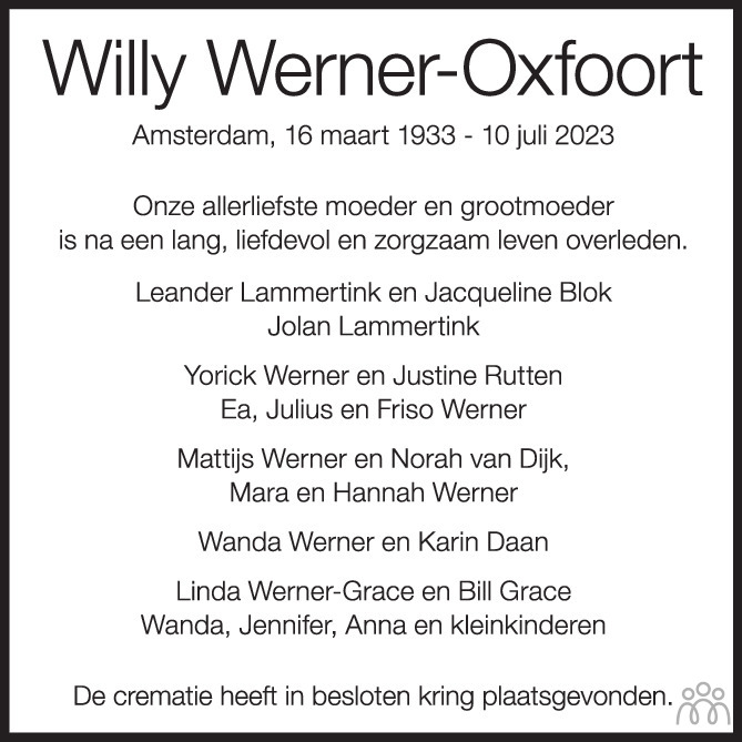 Willy Werner-Oxfoort 10-07-2023 overlijdensbericht en condoleances ...