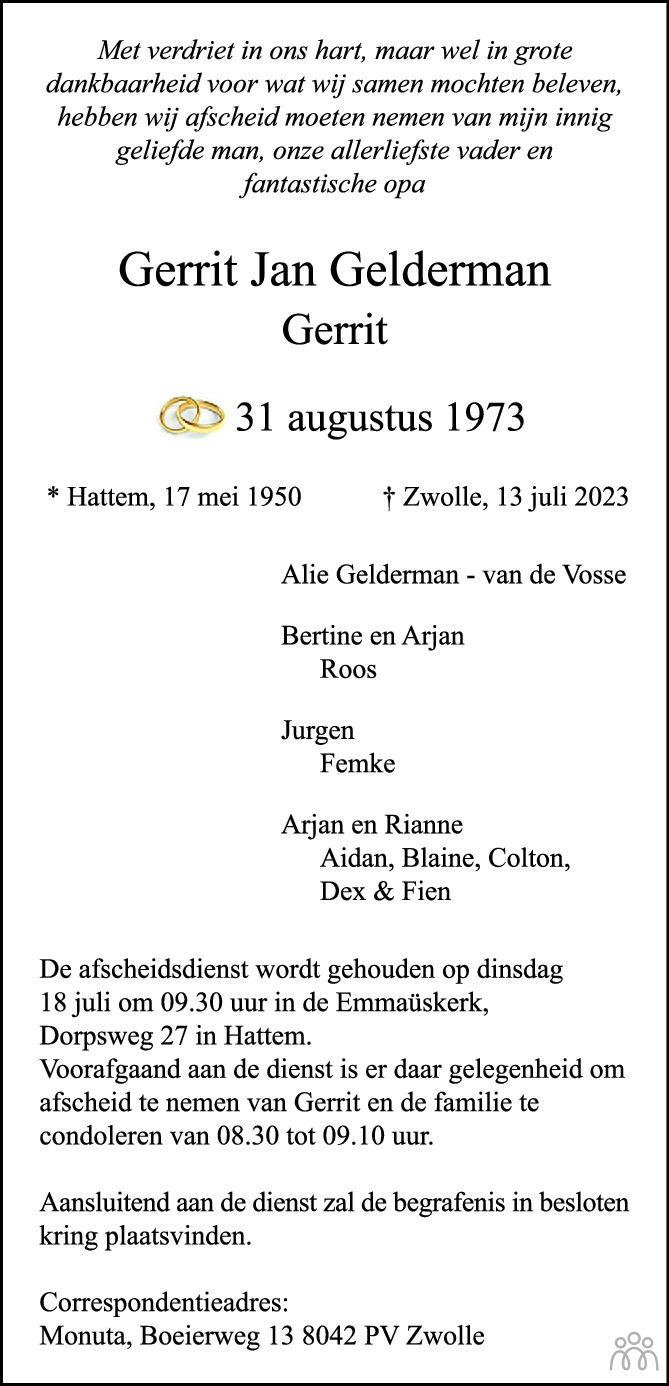Gerrit Jan (Gerrit) Gelderman 13-07-2023 overlijdensbericht en ...