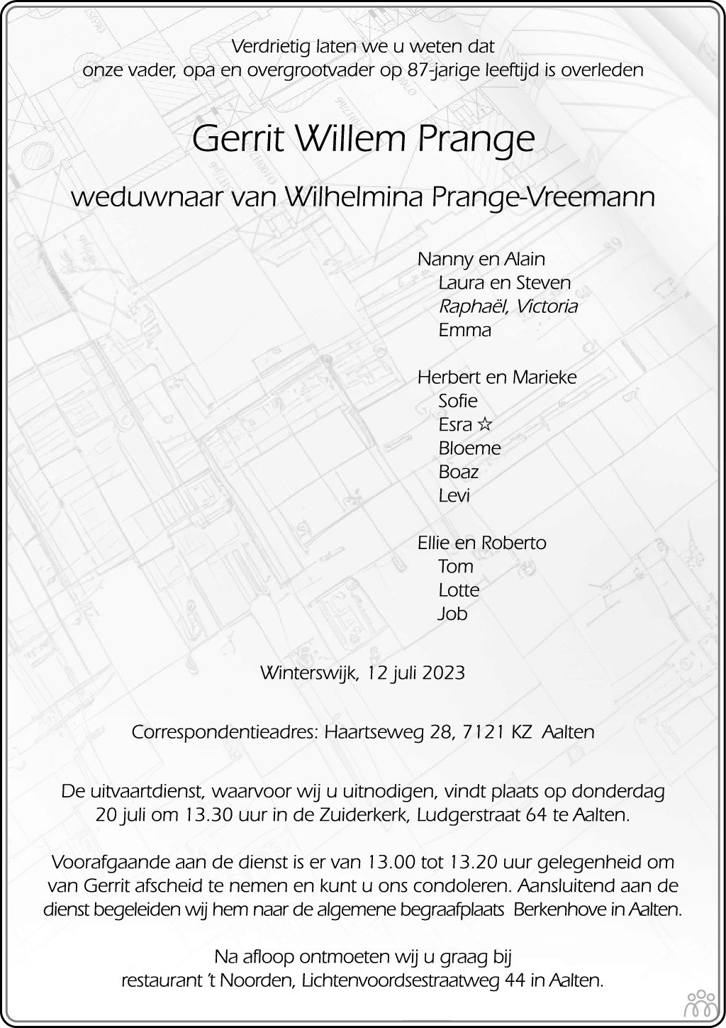 Gerrit Willem Prange 12-07-2023 overlijdensbericht en condoleances ...
