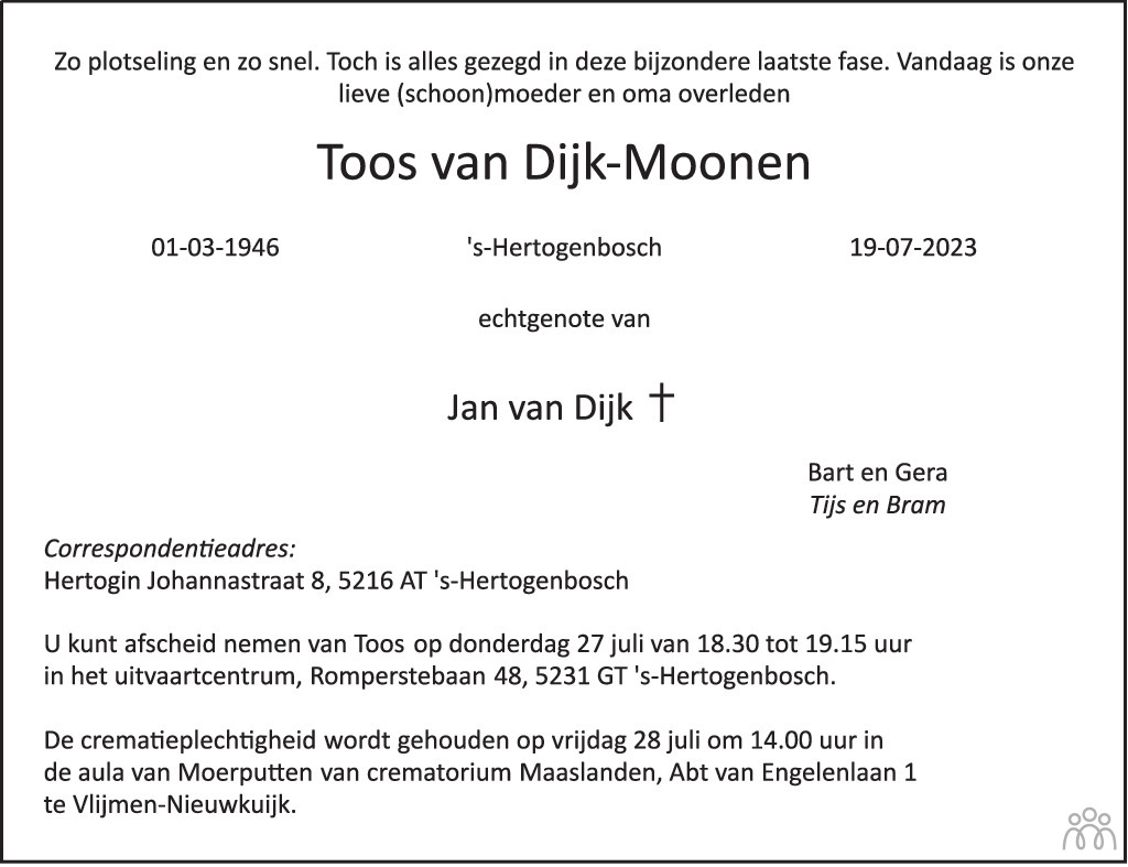 Toos van Dijk-Moonen 19-07-2023 overlijdensbericht en condoleances ...