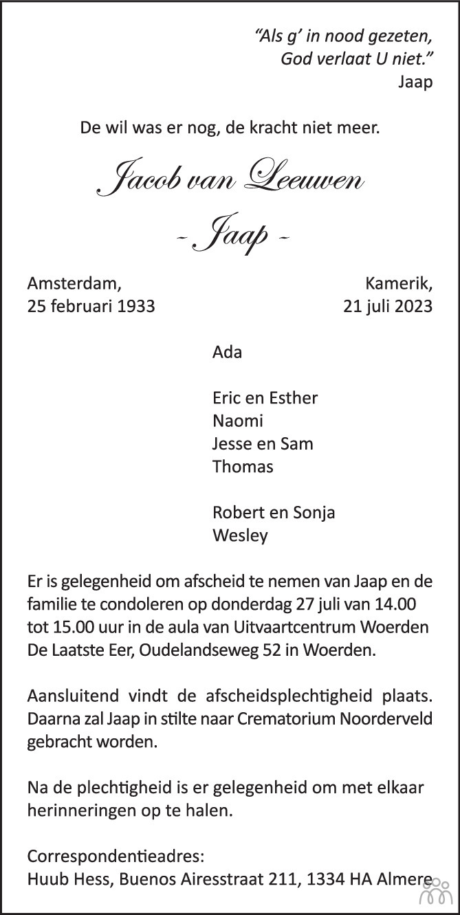 Jaap (Jacob) van Leeuwen 21-07-2023 overlijdensbericht en condoleances ...