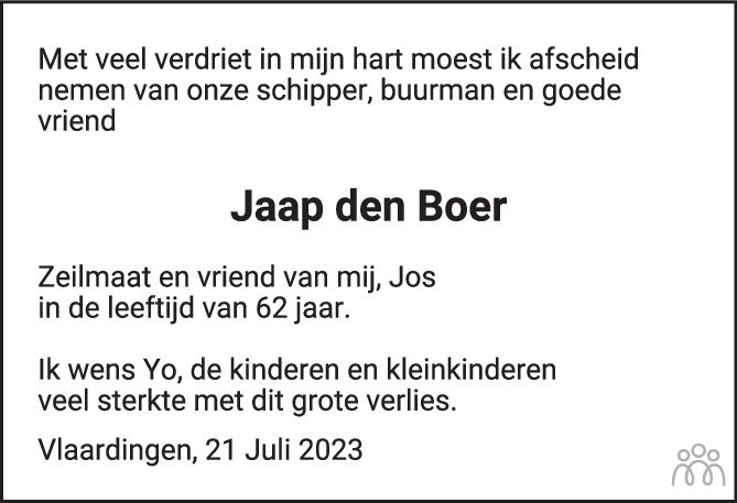 Jaap den Boer 21-07-2023 overlijdensbericht en condoleances - Mensenlinq.nl