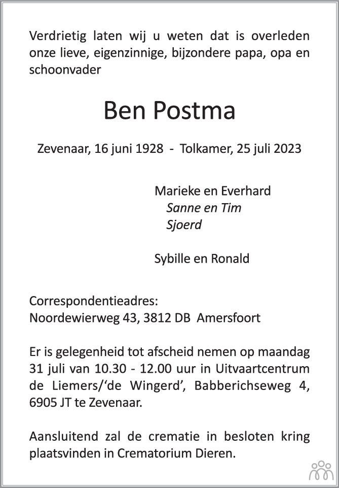 Ben Postma 25-07-2023 overlijdensbericht en condoleances - Mensenlinq.nl
