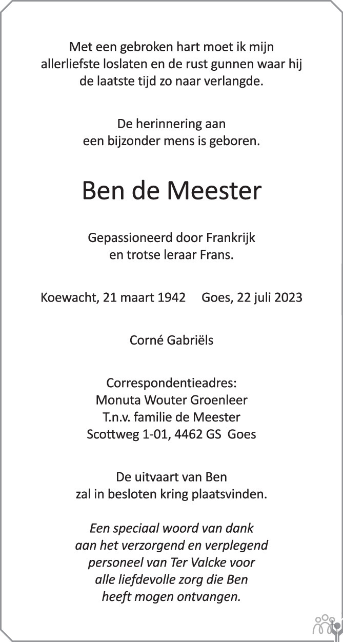 Ben de Meester 22-07-2023 overlijdensbericht en condoleances - Mensenlinq.nl