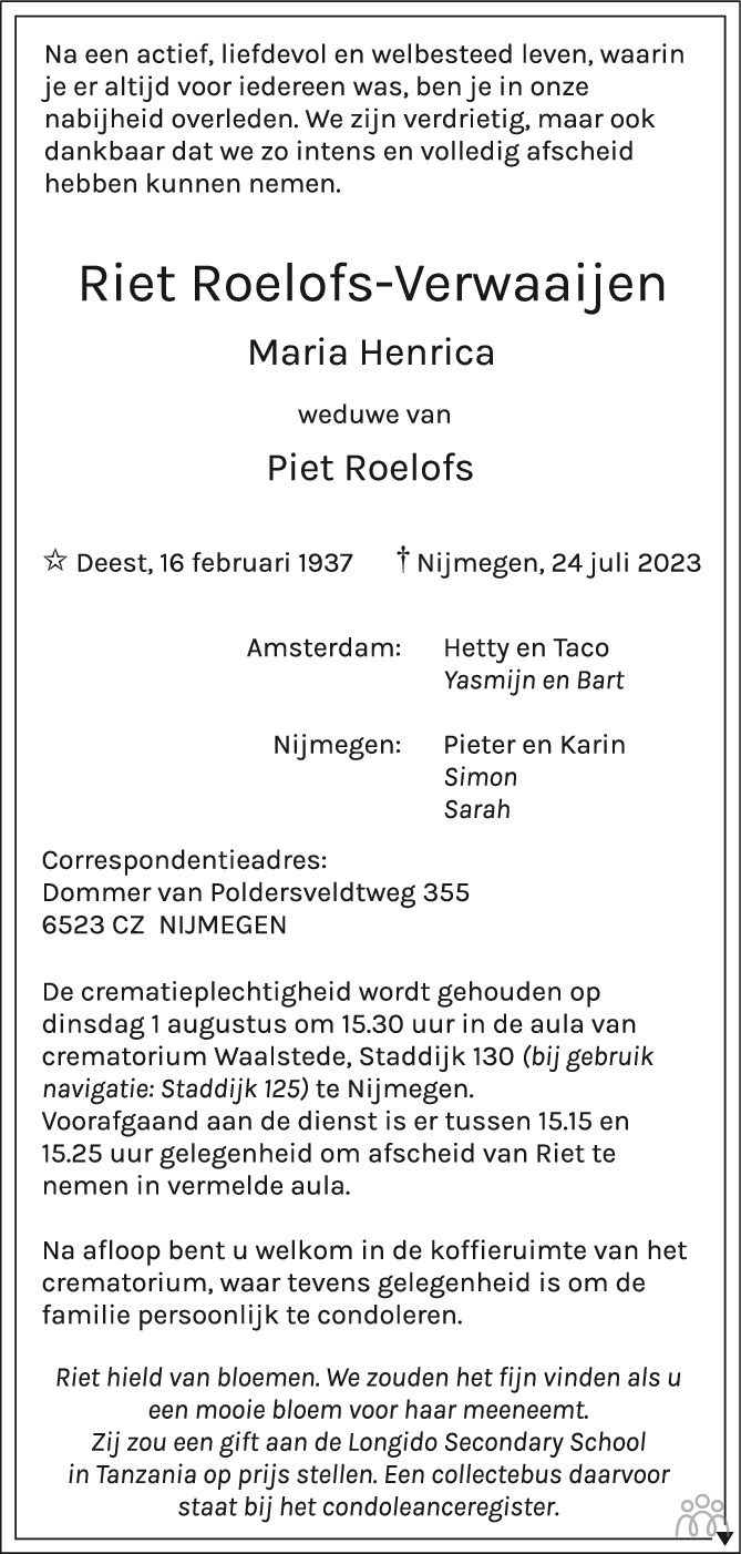 Riet (Maria Henrica) Roelofs-Verwaaijen 24-07-2023 overlijdensbericht en condoleances ...