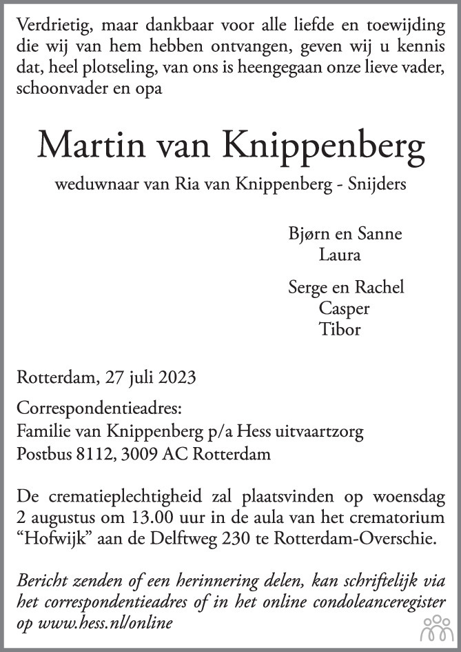 Martin van Knippenberg 27-07-2023 overlijdensbericht en condoleances ...