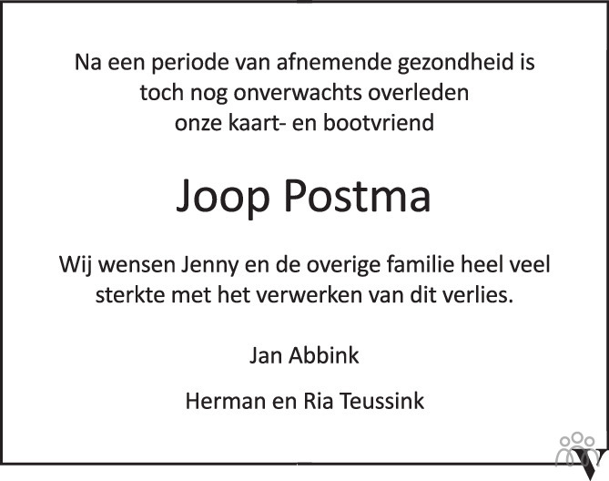 Joop (Johannes) Postma 29-07-2023 overlijdensbericht en condoleances - Mensenlinq.nl