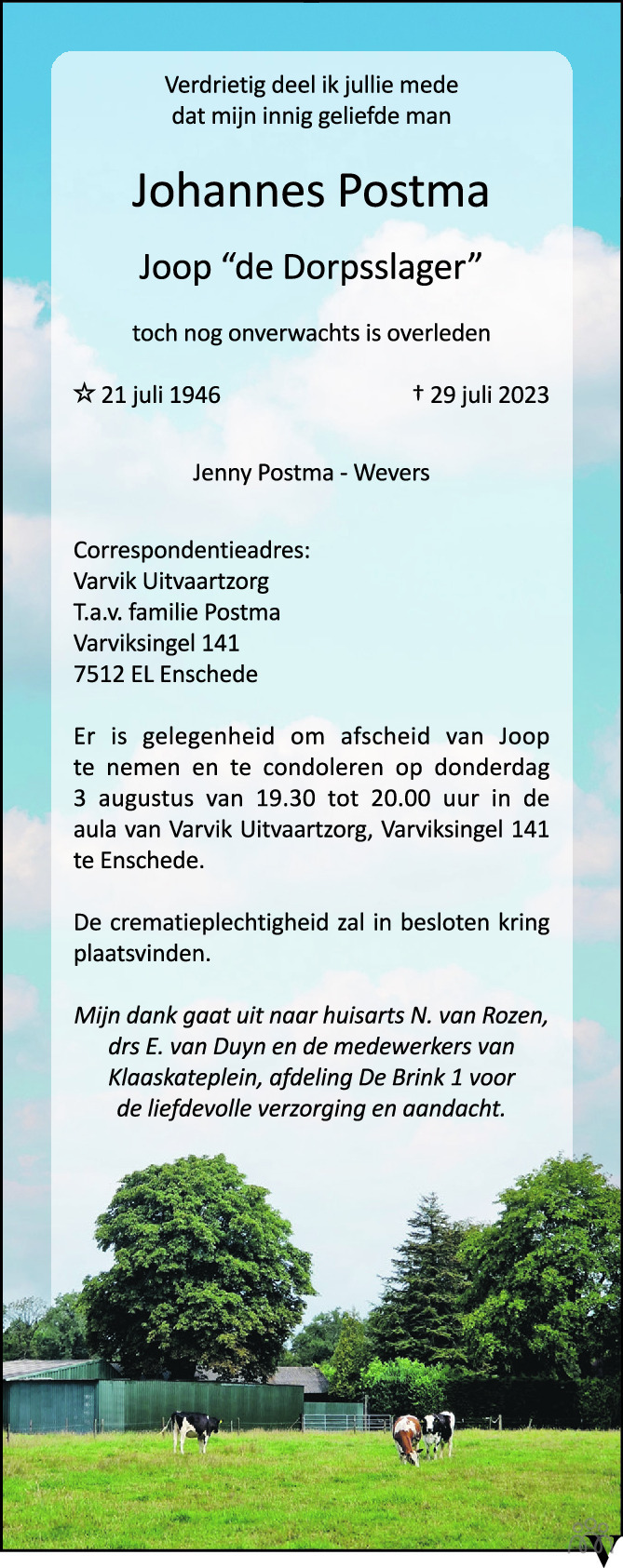 Joop (Johannes) Postma 29-07-2023 overlijdensbericht en condoleances - Mensenlinq.nl