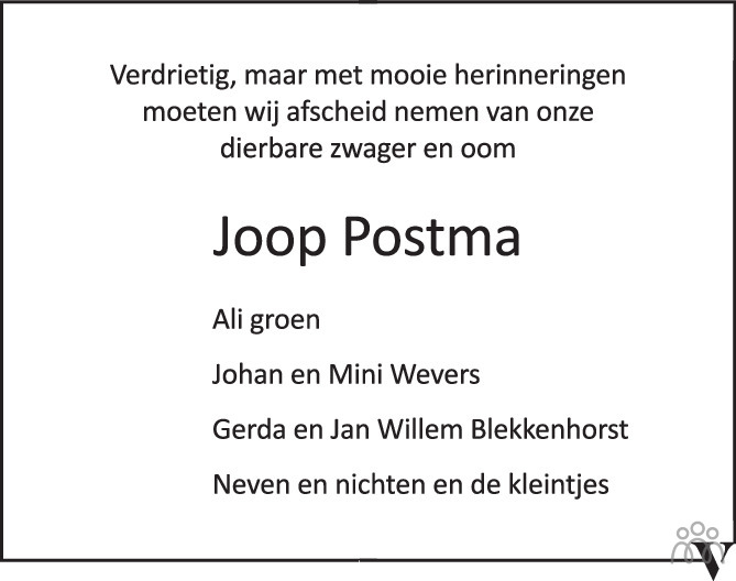 Joop (Johannes) Postma 29-07-2023 overlijdensbericht en condoleances - Mensenlinq.nl
