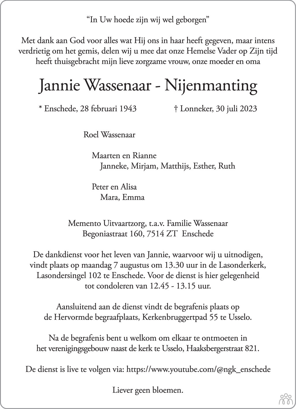 Jannie Wassenaar-Nijenmanting 30-07-2023 overlijdensbericht en ...