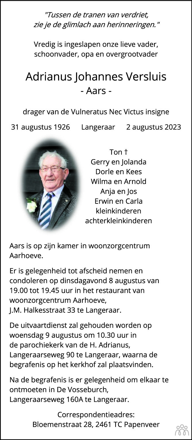 Adrianus Johannes (Aars) Versluis 02-08-2023 overlijdensbericht en ...