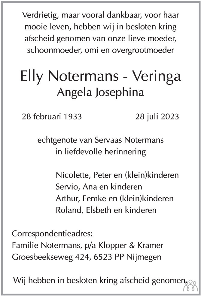 Elly (Angela Josephina) Notermans-Veringa 28-07-2023 overlijdensbericht ...