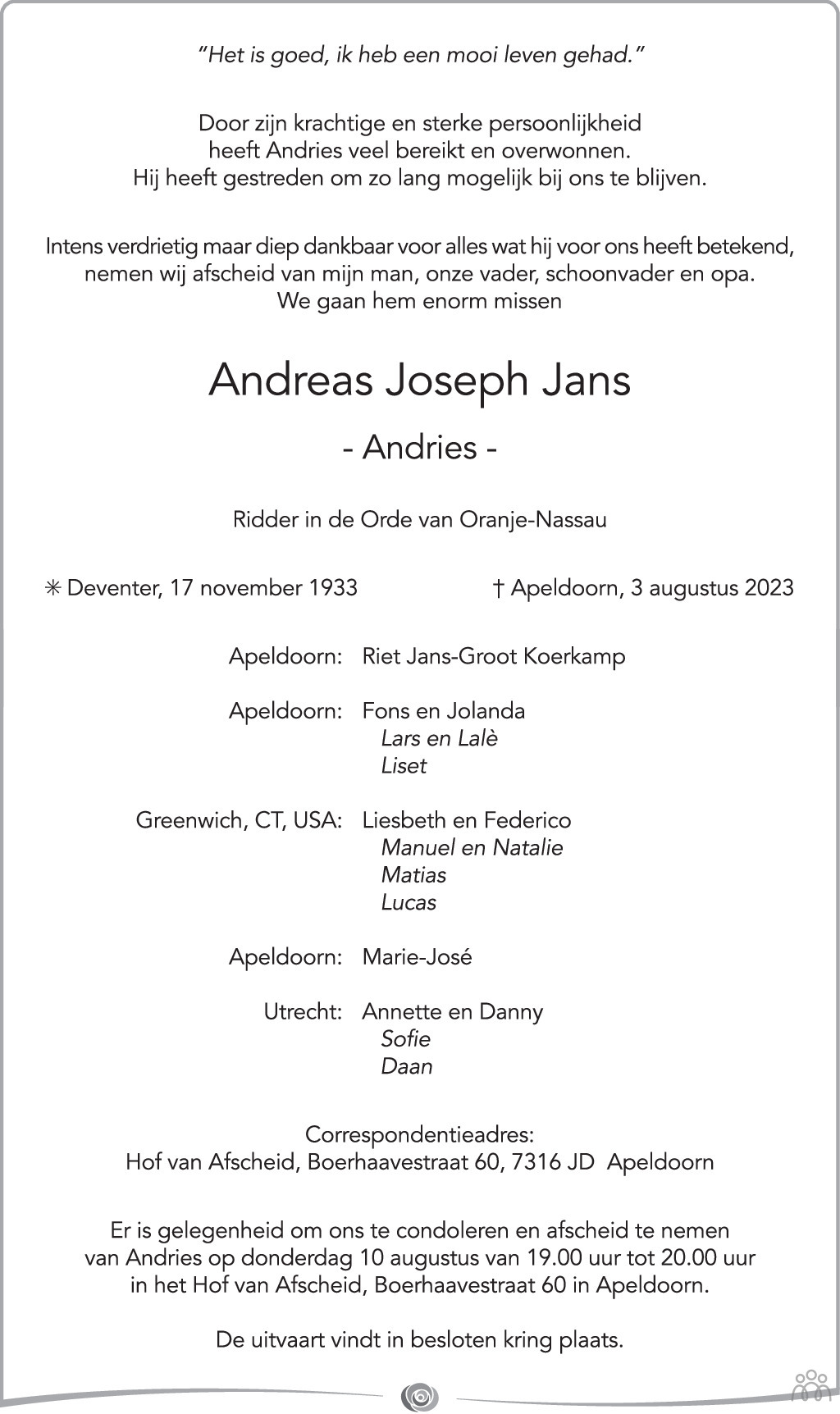 Andreas Joseph (Andries) Jans 03-08-2023 overlijdensbericht en ...
