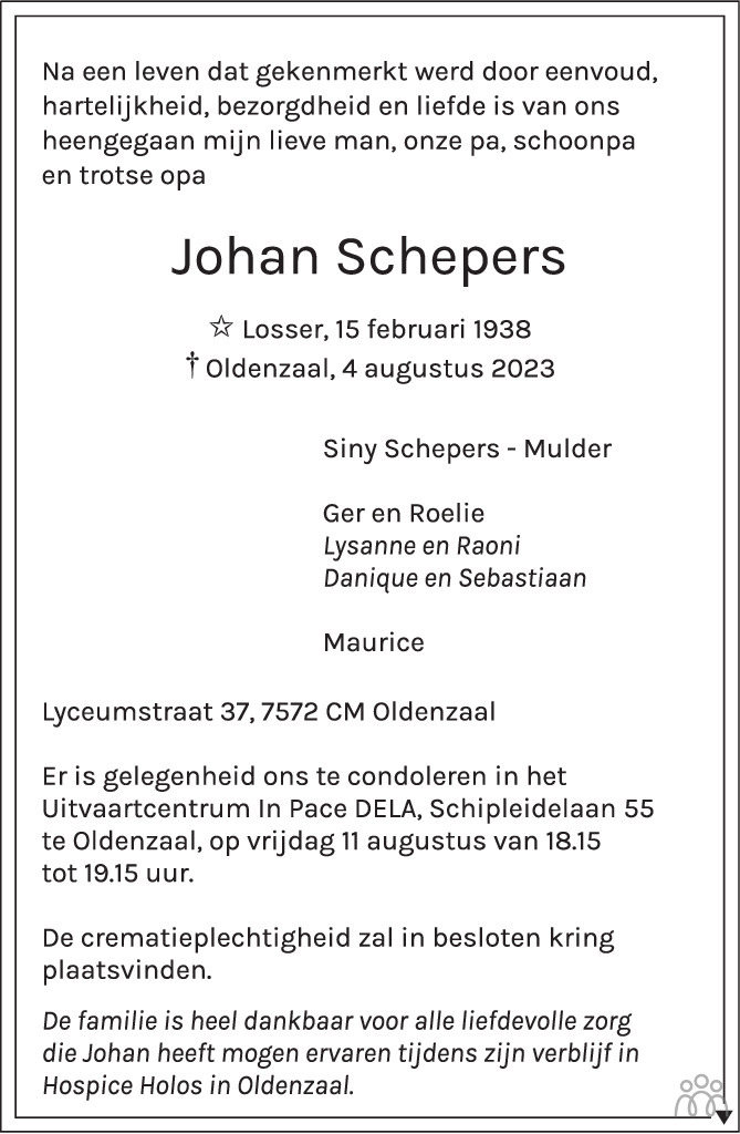 Johan Schepers 04-08-2023 overlijdensbericht en condoleances ...