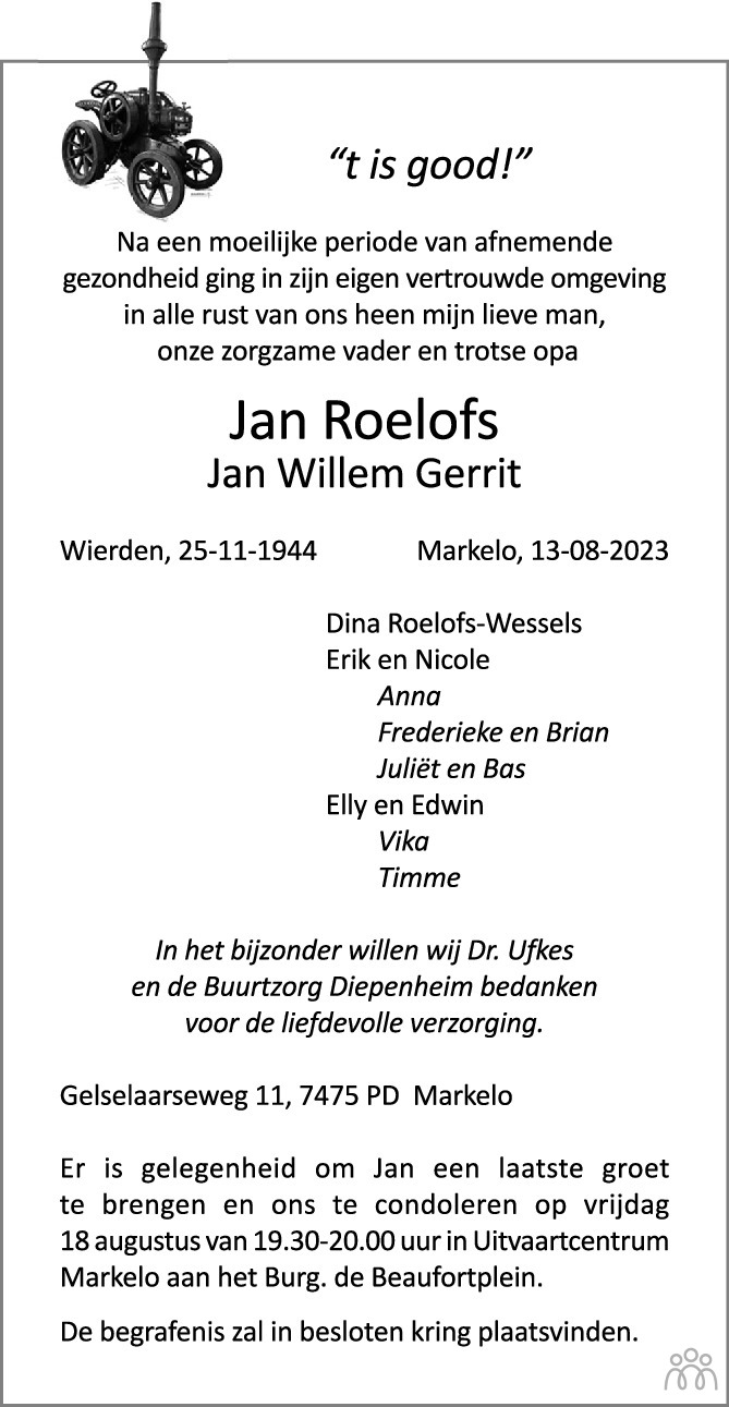 Jan Willem Gerrit (Jan) Roelofs 13-08-2023 overlijdensbericht en condoleances - Mensenlinq.nl