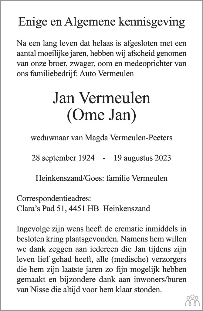 Jan Vermeulen 19-08-2023 overlijdensbericht en condoleances - Mensenlinq.nl