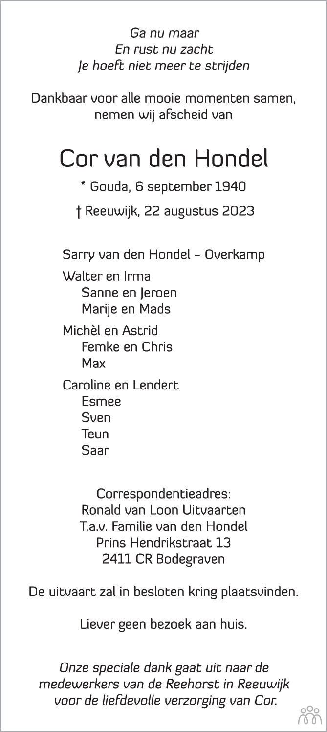 Cor Van Den Hondel 22 08 2023 Overlijdensbericht En Condoleances Mensenlinqnl