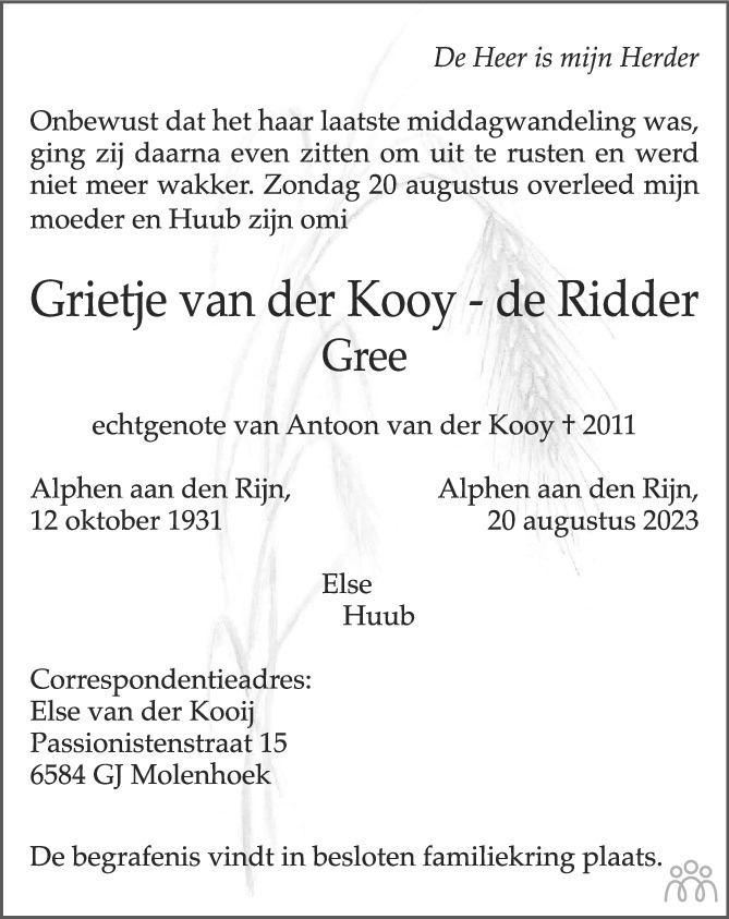 Grietje (Gree) van der Kooy-de Ridder 20-08-2023 overlijdensbericht en ...