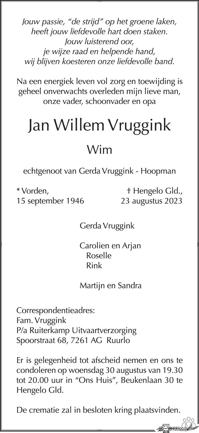 Jan Willem (Wim) Vruggink 23-08-2023 overlijdensbericht en condoleances ...