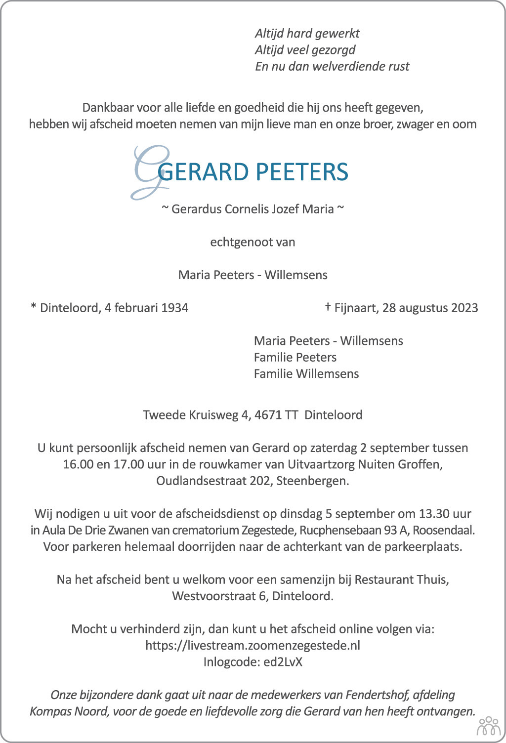 Gerard (Gerardus Cornelis Jozef Maria) Peeters 28-08-2023 ...