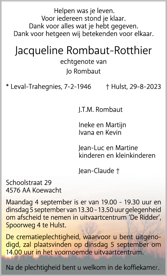 Jacqueline Rombaut Rotthier 29 08 2023 Overlijdensbericht En Condoleances Mensenlinqnl