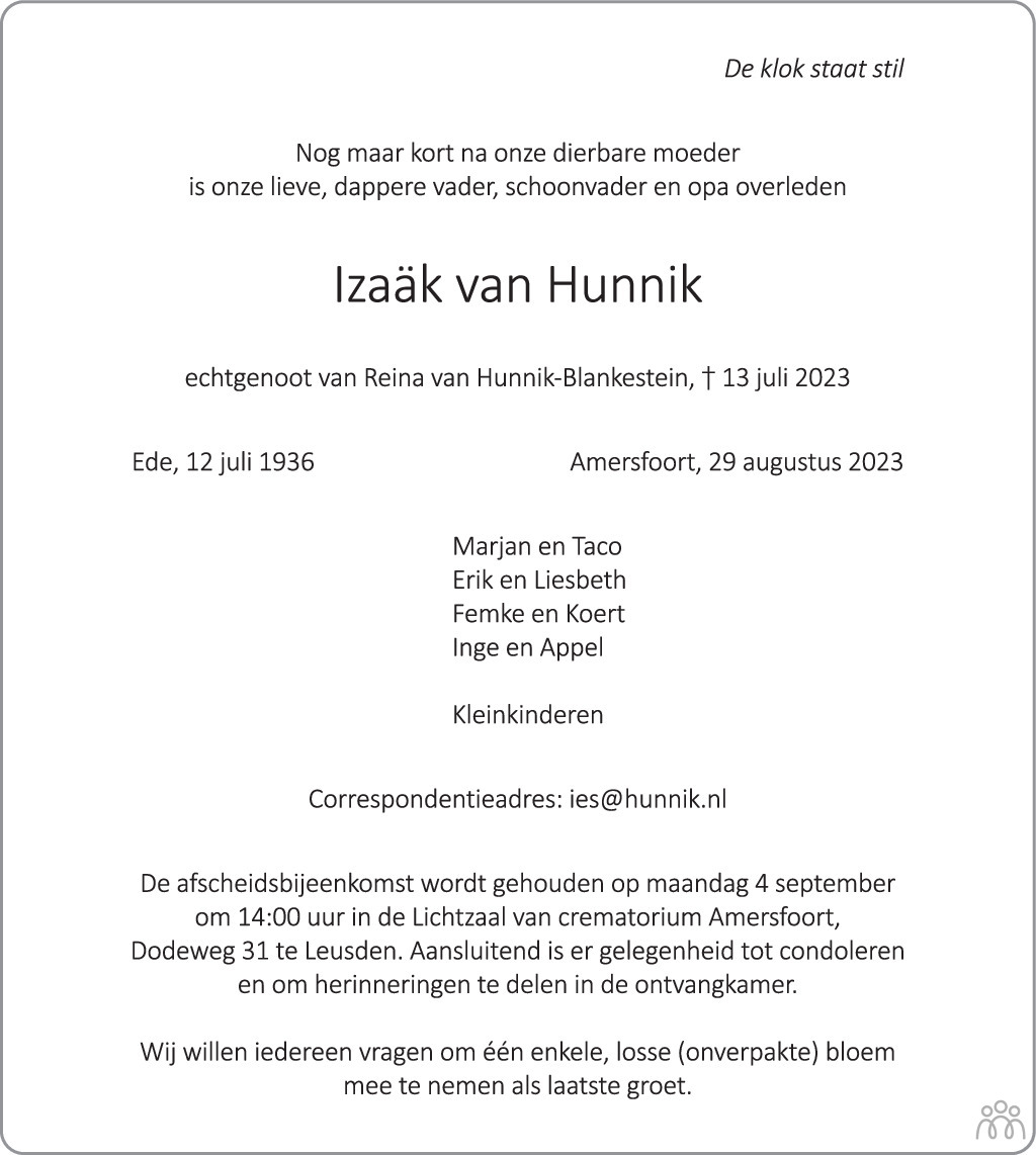 Izaäk van Hunnik 29-08-2023 overlijdensbericht en condoleances ...