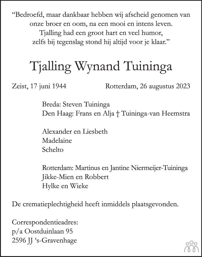 Tjalling Wynand Tuininga 26-08-2023 overlijdensbericht en condoleances ...