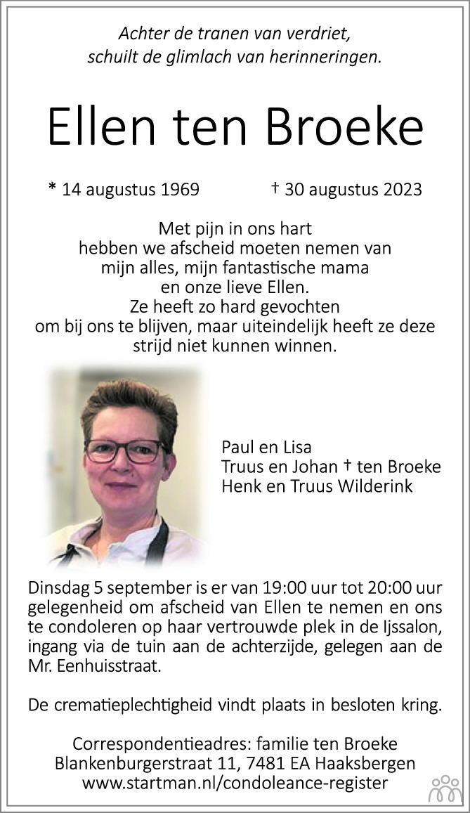 Ellen ten Broeke 30-08-2023 overlijdensbericht en condoleances ...