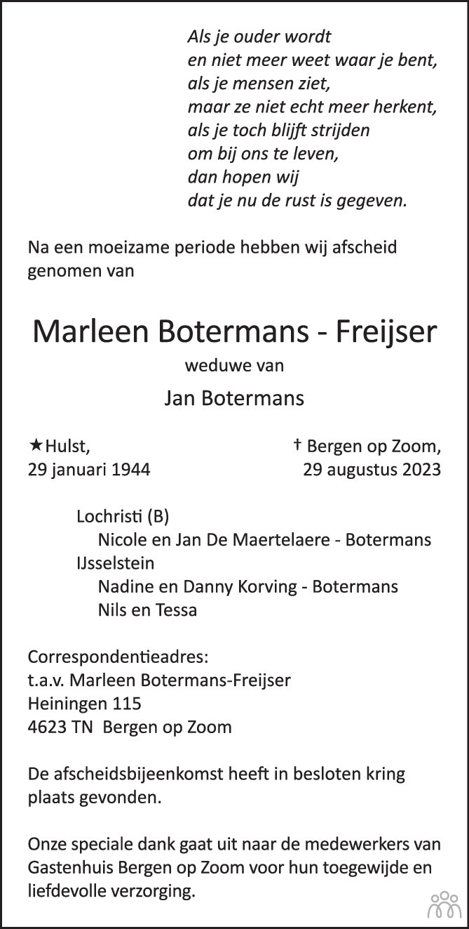 Marleen Botermans-Freijser 29-08-2023 overlijdensbericht en ...