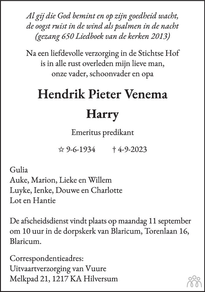 Harry (Hendrik Pieter) Venema 04-09-2023 overlijdensbericht en ...