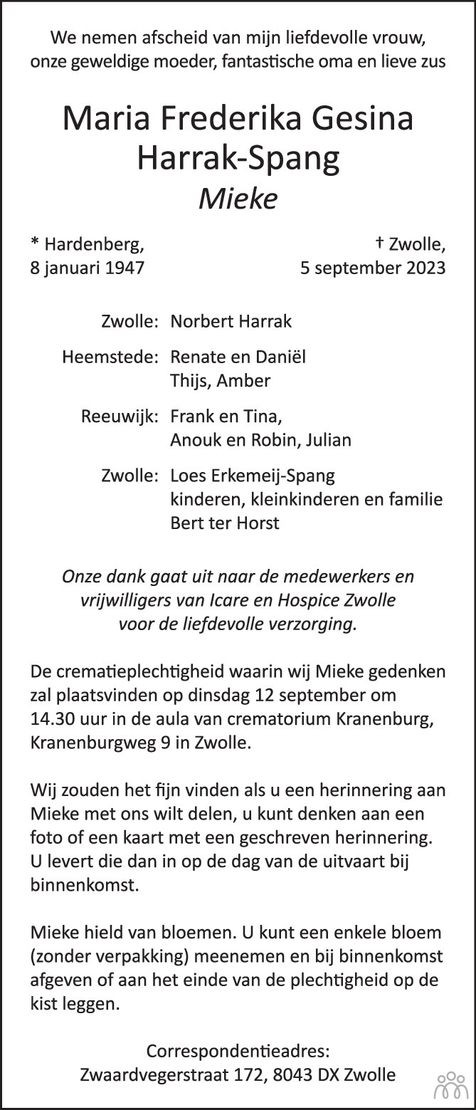 Maria Frederika Gesina (Mieke) Harrak-Spang 05-09-2023 ...