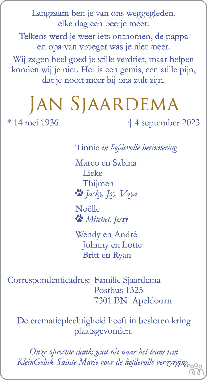 Jan Sjaardema 04-09-2023 overlijdensbericht en condoleances - Mensenlinq.nl